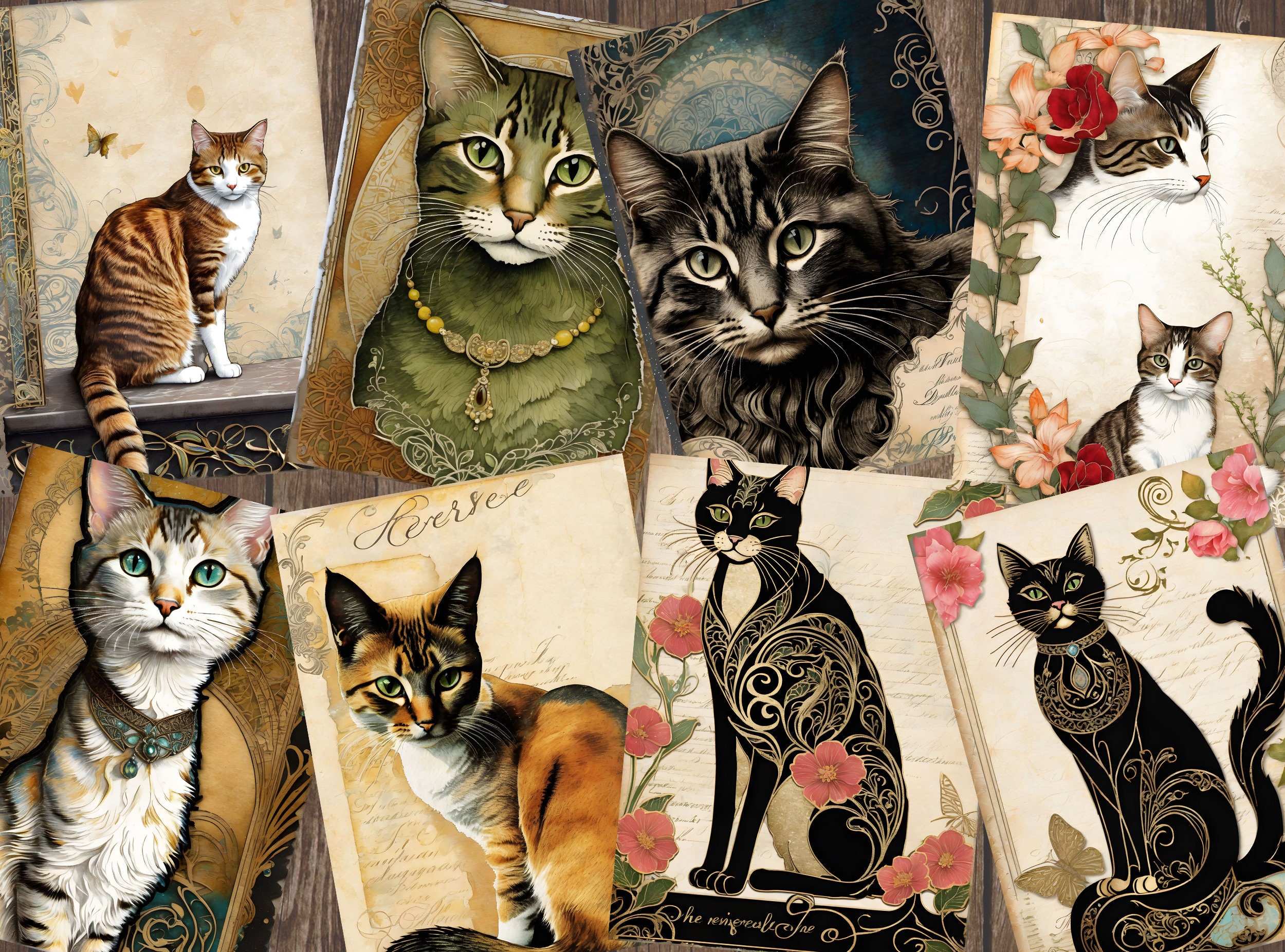 Art Nouveau Cats, Digital Illustrations, Journaling Papers, Atc ...