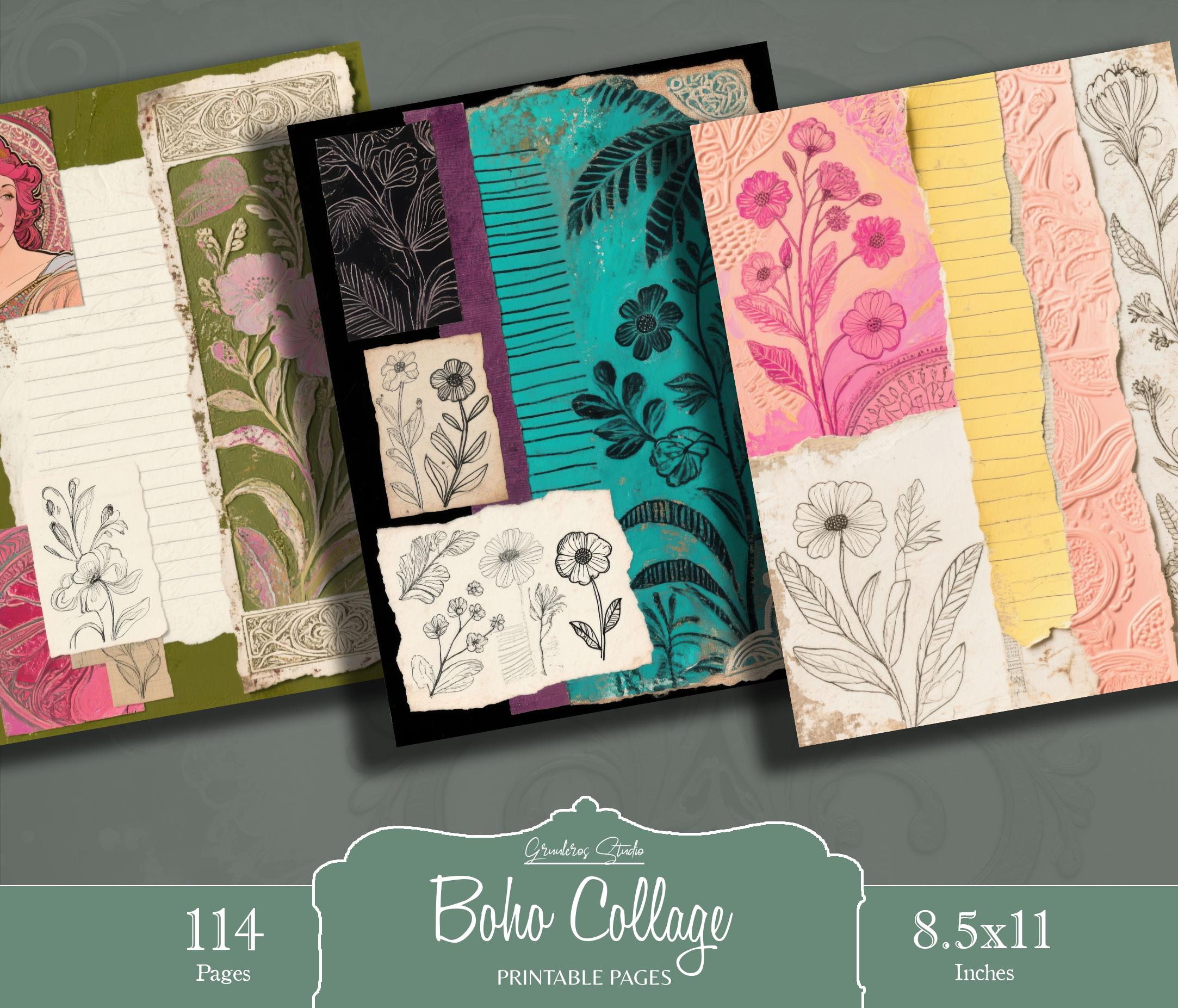 Boho Collage Junk Journal Printable Pages and Notes Sheets, Floral ...