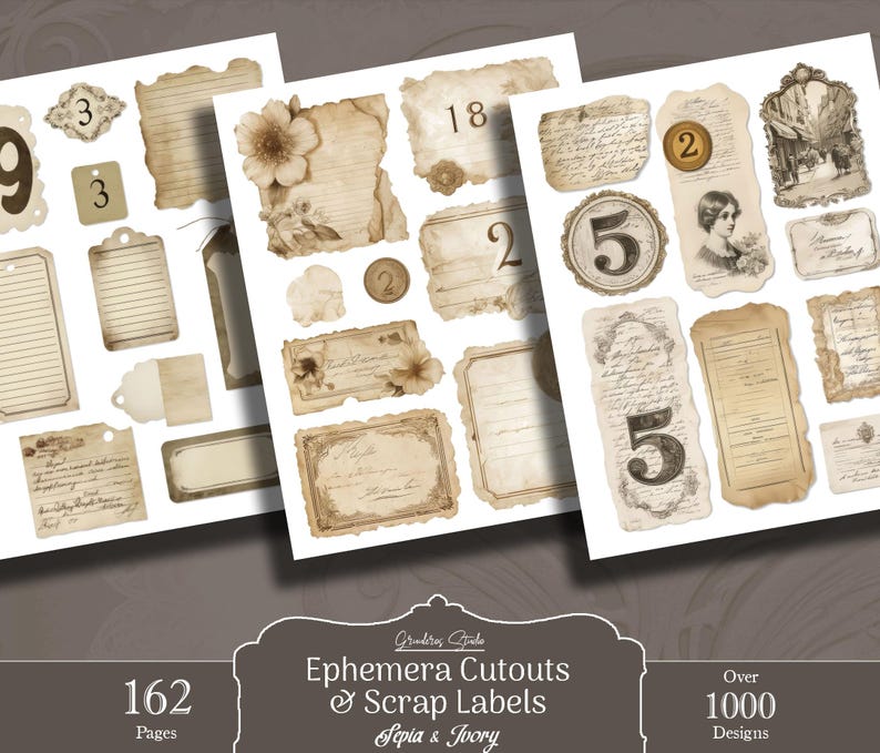 Vintage Notes, Scrap Cutouts, Labels & Tags, JPG and PDF, Neutral ...