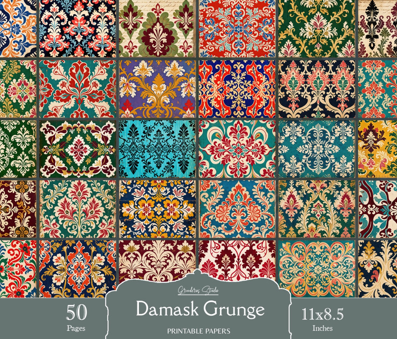 Printable Damask Paper, Vibrant, Grunge, Digital Paper, Damask Pages ...