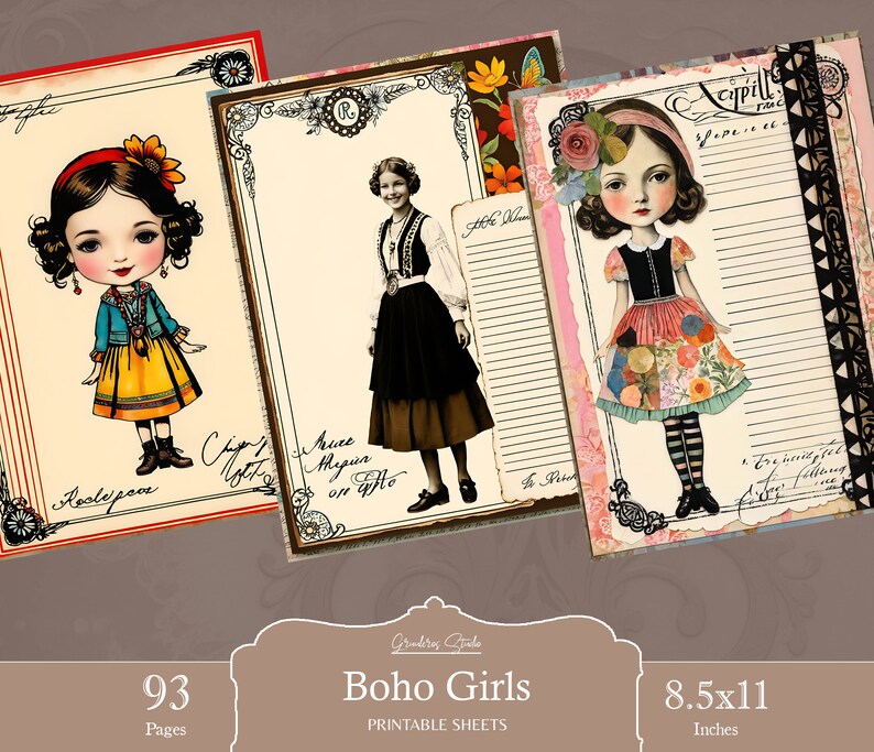 Boho Girl Journal Papers, Printable Sheets, Whimsical Boho, Lined Paper ...