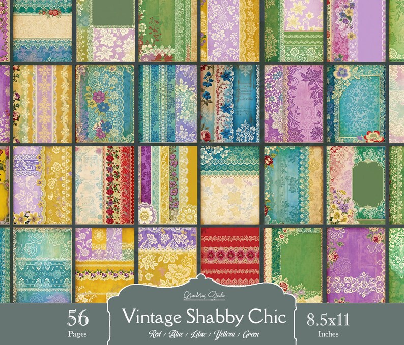 Digital Paper, Shabby Chic Floral Scrapbook Digital Paper Pack, Red ...