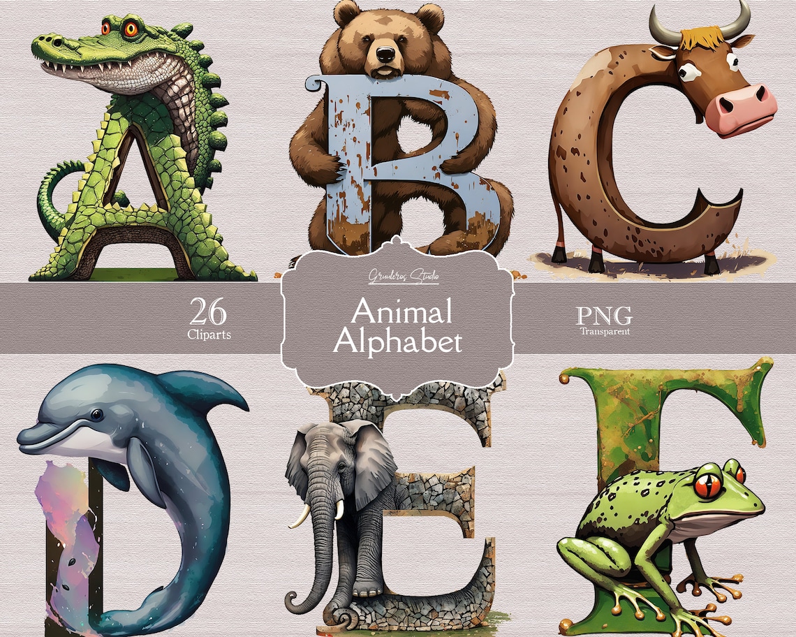Cute Animal Alphabet Clipart Bundle Transparent PNG, Bundle Clipart ...