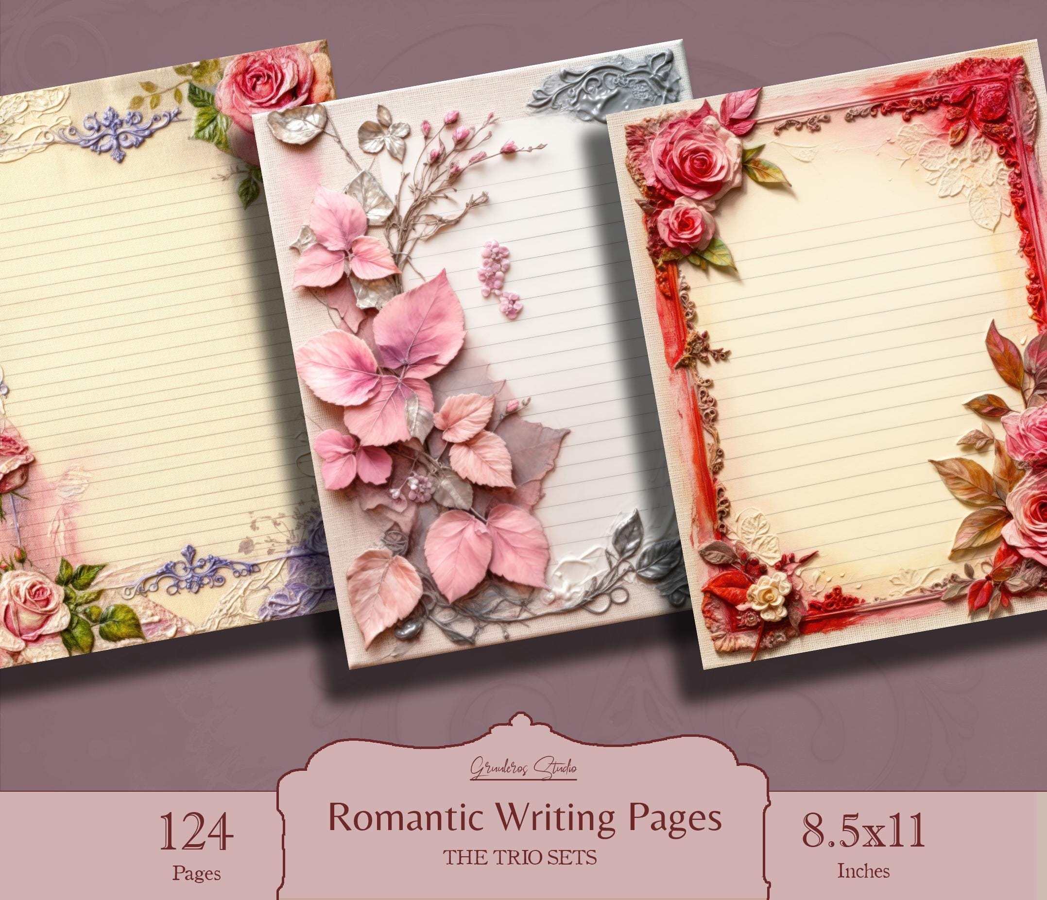 Blank Lined Journal Pages, Romantic Pink Roses Printable Paper, Vintage ...