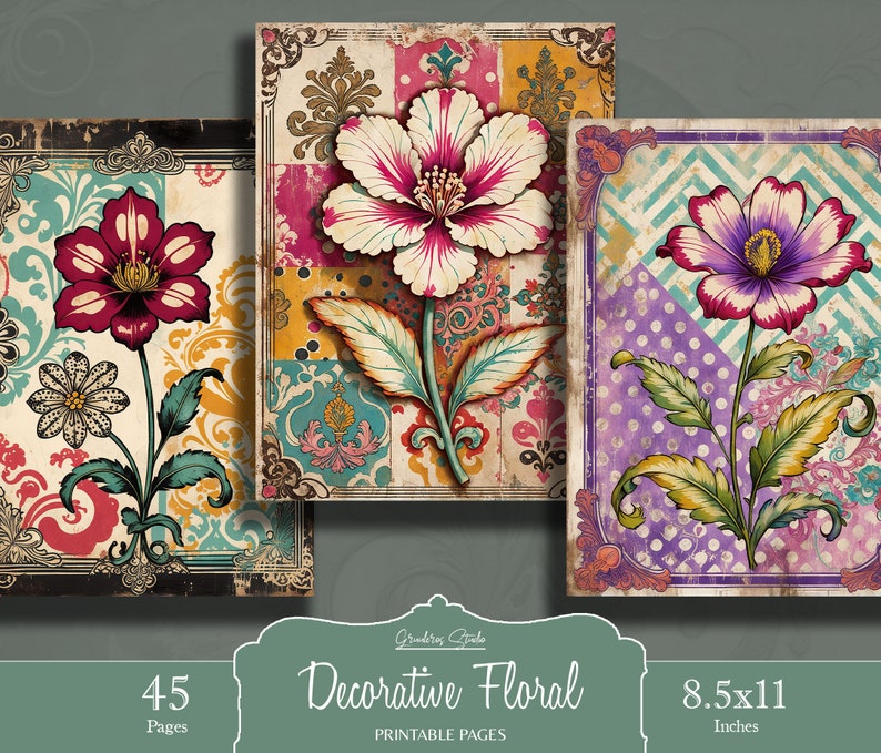 Decorative Flowers, Journal Pages, Art Nouveau Florals Digital Paper ...