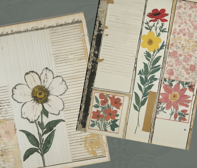 Lined Floral Journal Pages, Junk Journal, Basic Papers, Printable ...