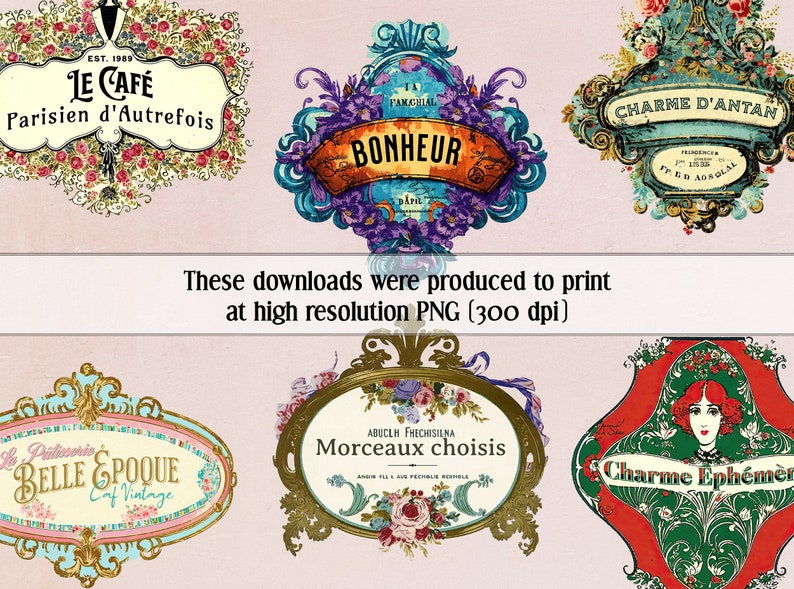 Vintage French Labels Clipart, Printable, Transparent Background ...