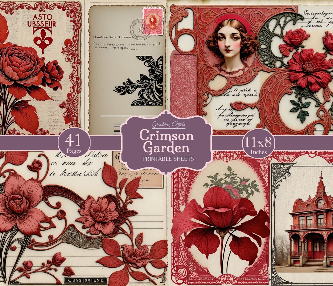Vintage Red Flowers Junk Journal Kit, Vintage Journal Pages, Red Roses ...