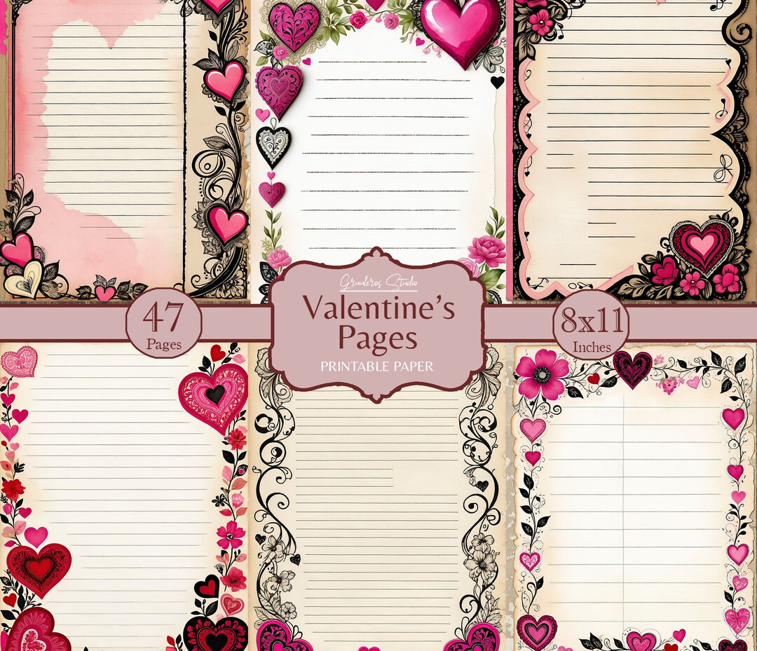 Hearts Stationery, Printable Stationery, Valentine's Day Gift, Love ...