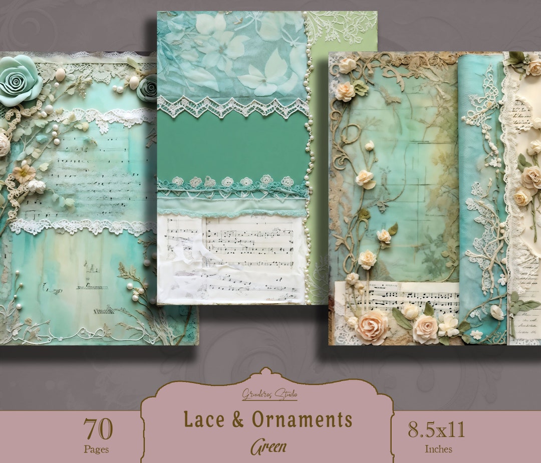 Green Lace Journal Pages, Digital Paper for Scrapbook and Junk Journal ...