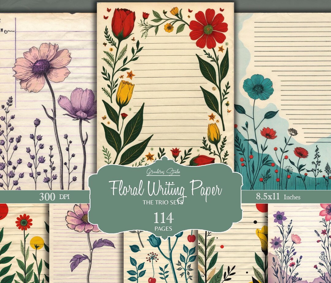 Floral Lined Printable Paper, Digital Stationery for Journaling ...