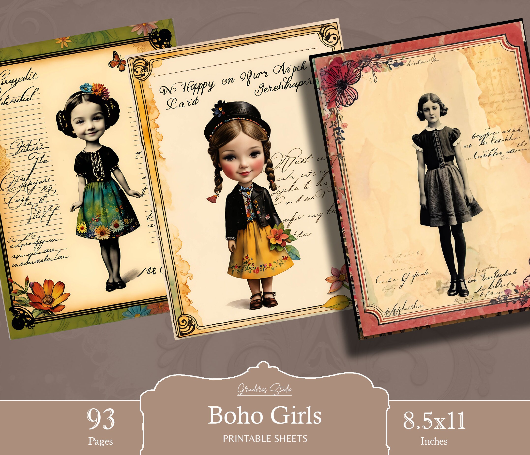 Boho Girl Journal Papers, Printable Sheets, Whimsical Boho, Lined Paper ...