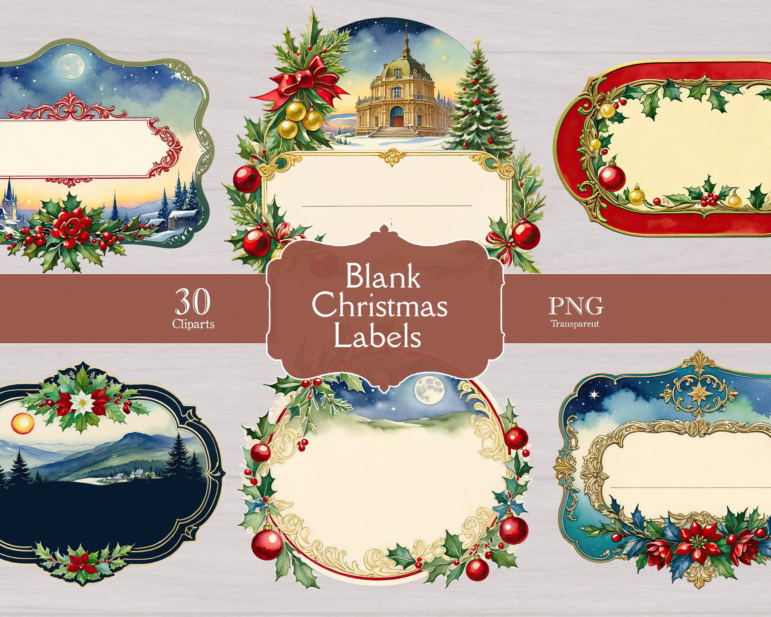 Christmas Labels Clipart, Bonus A4 Sheets, Christmas PNG, Blank Gift ...