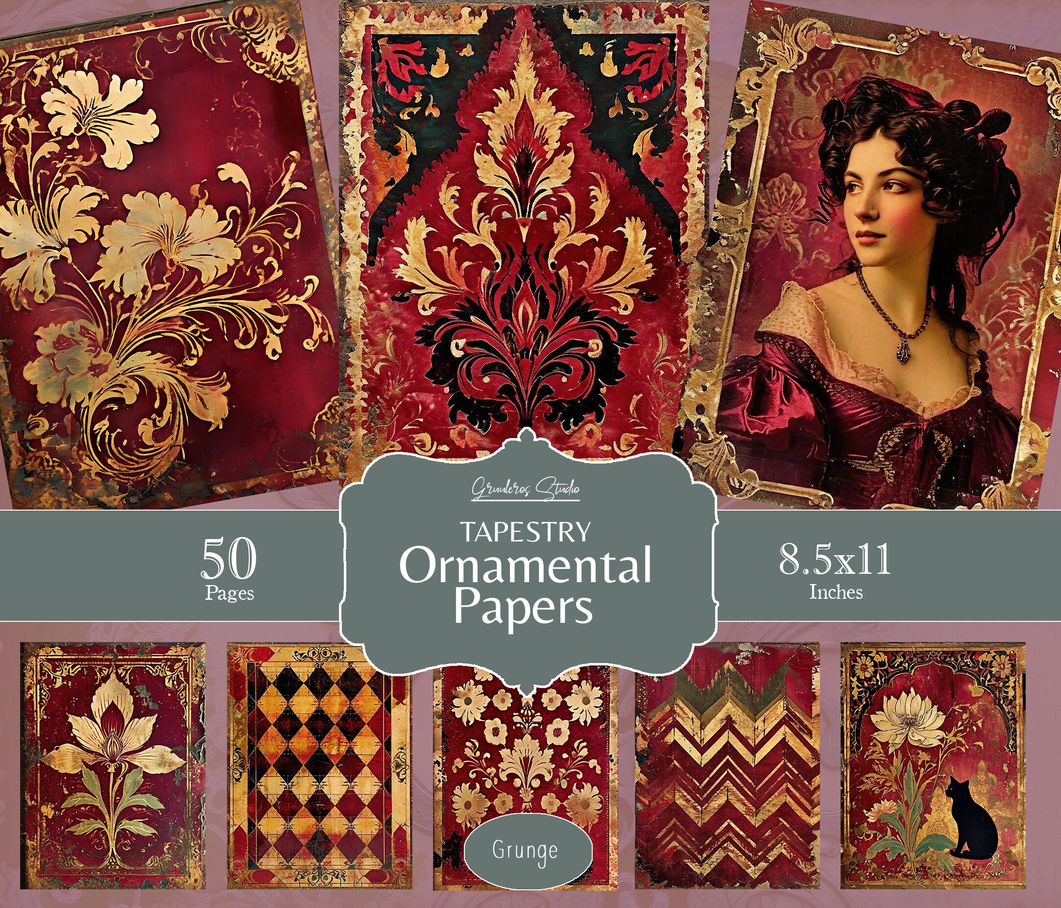 Printable Burgundy Paper, Scrapbook Pages, Embellishments, Damask ...