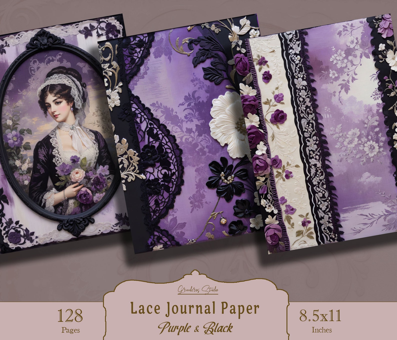 Purple Lace Journal Paper, Black Lace Printable Paper, Vintage Journal ...