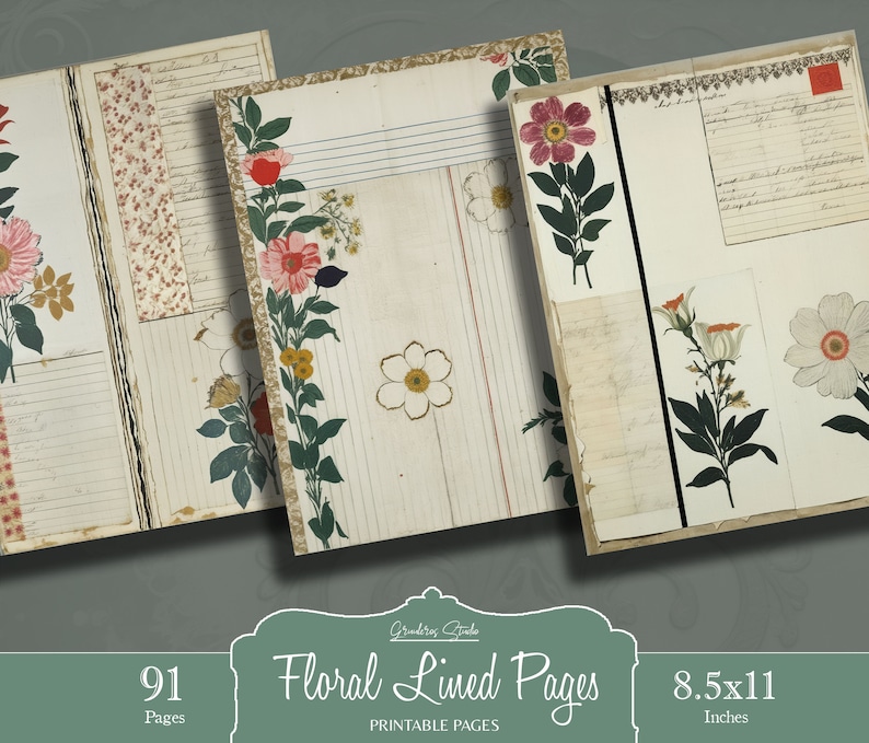 Lined Floral Journal Pages, Junk Journal, Basic Papers, Printable ...