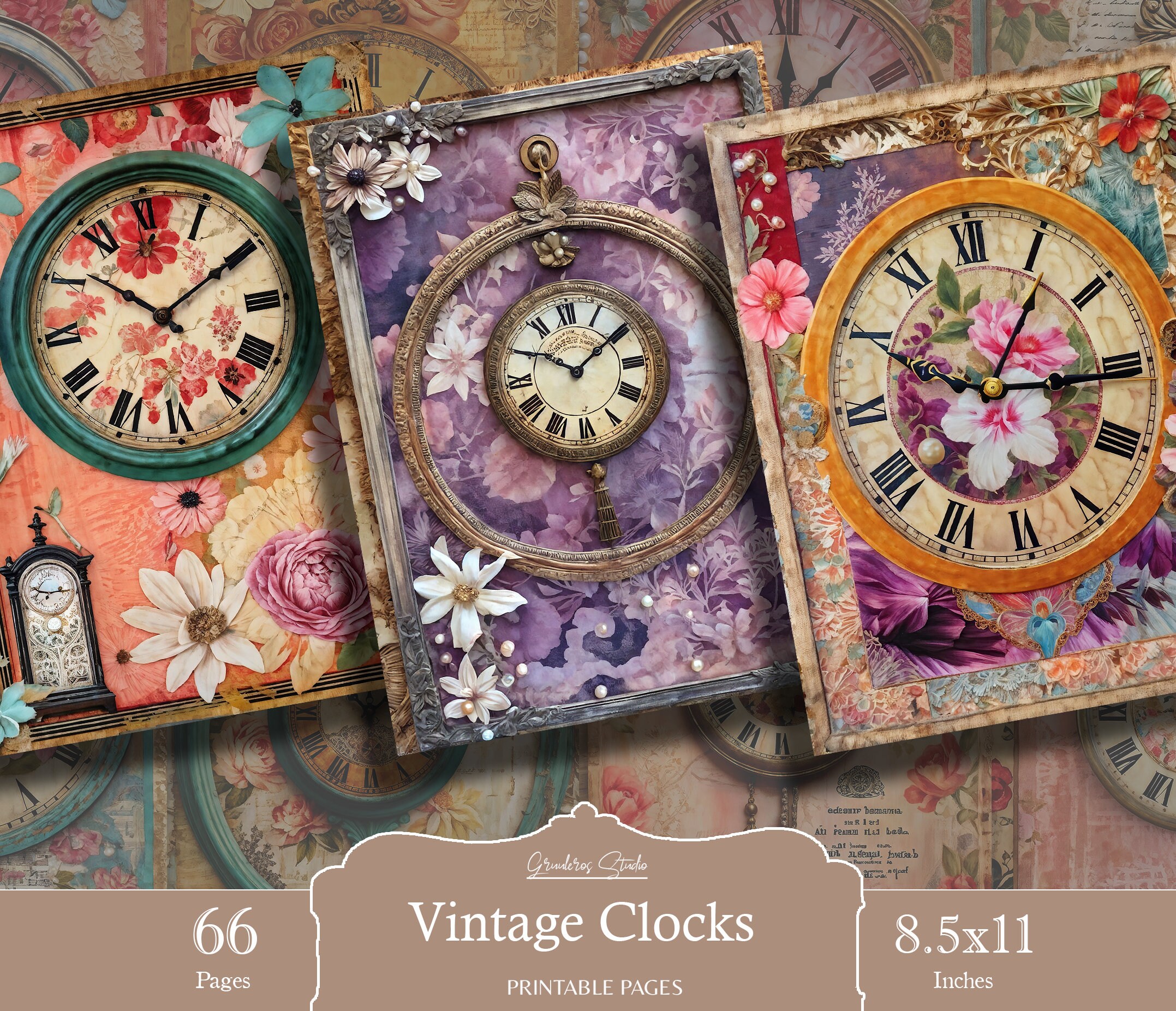 Vintage Clocks, Junk Journal Paper, Floral Clocks Paper, Vintage ...