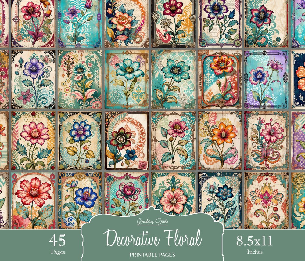 Decorative Flowers, Journal Pages, Art Nouveau Florals Digital Paper ...
