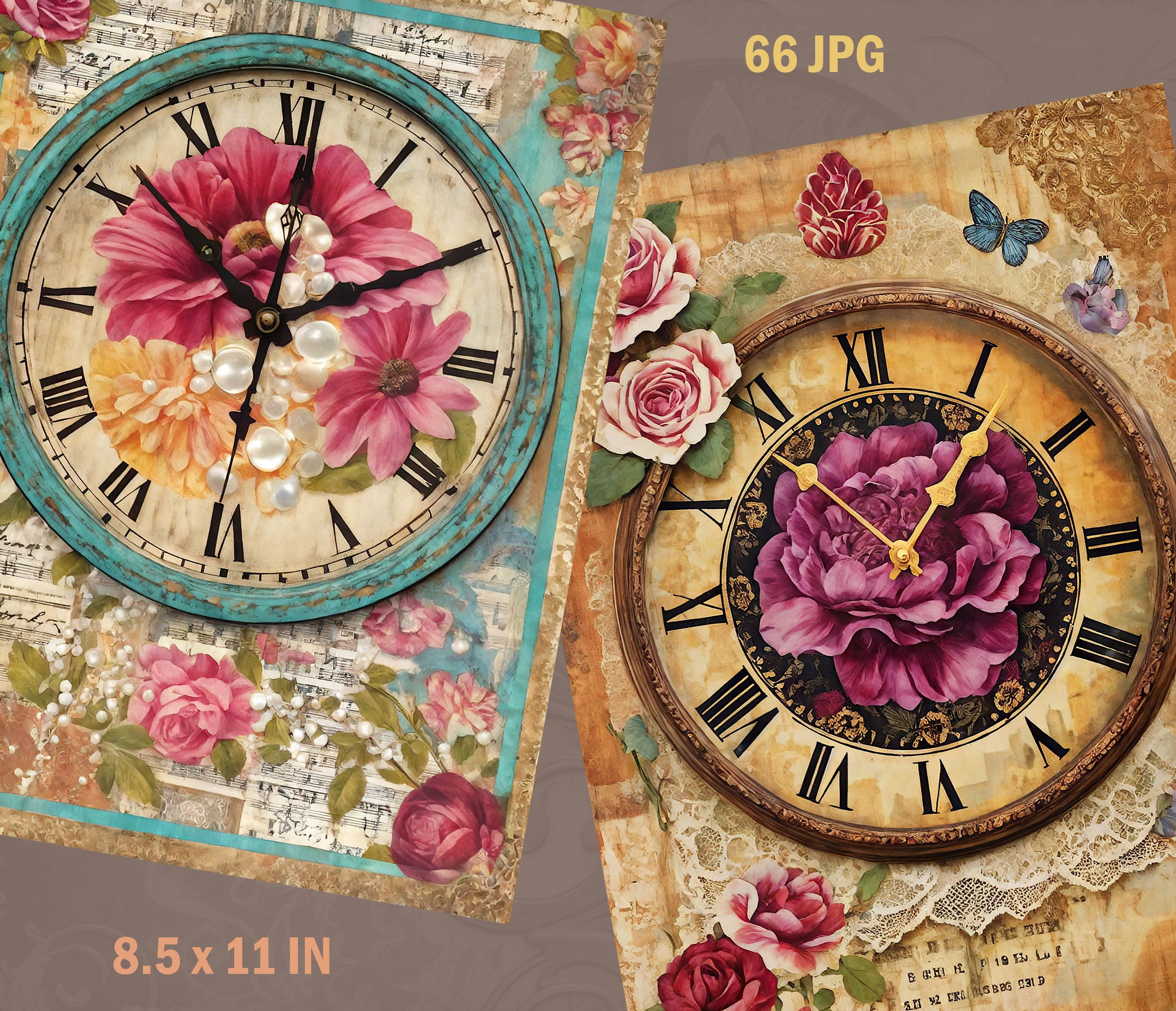 Vintage Clocks, Junk Journal Paper, Floral Clocks Paper, Vintage ...