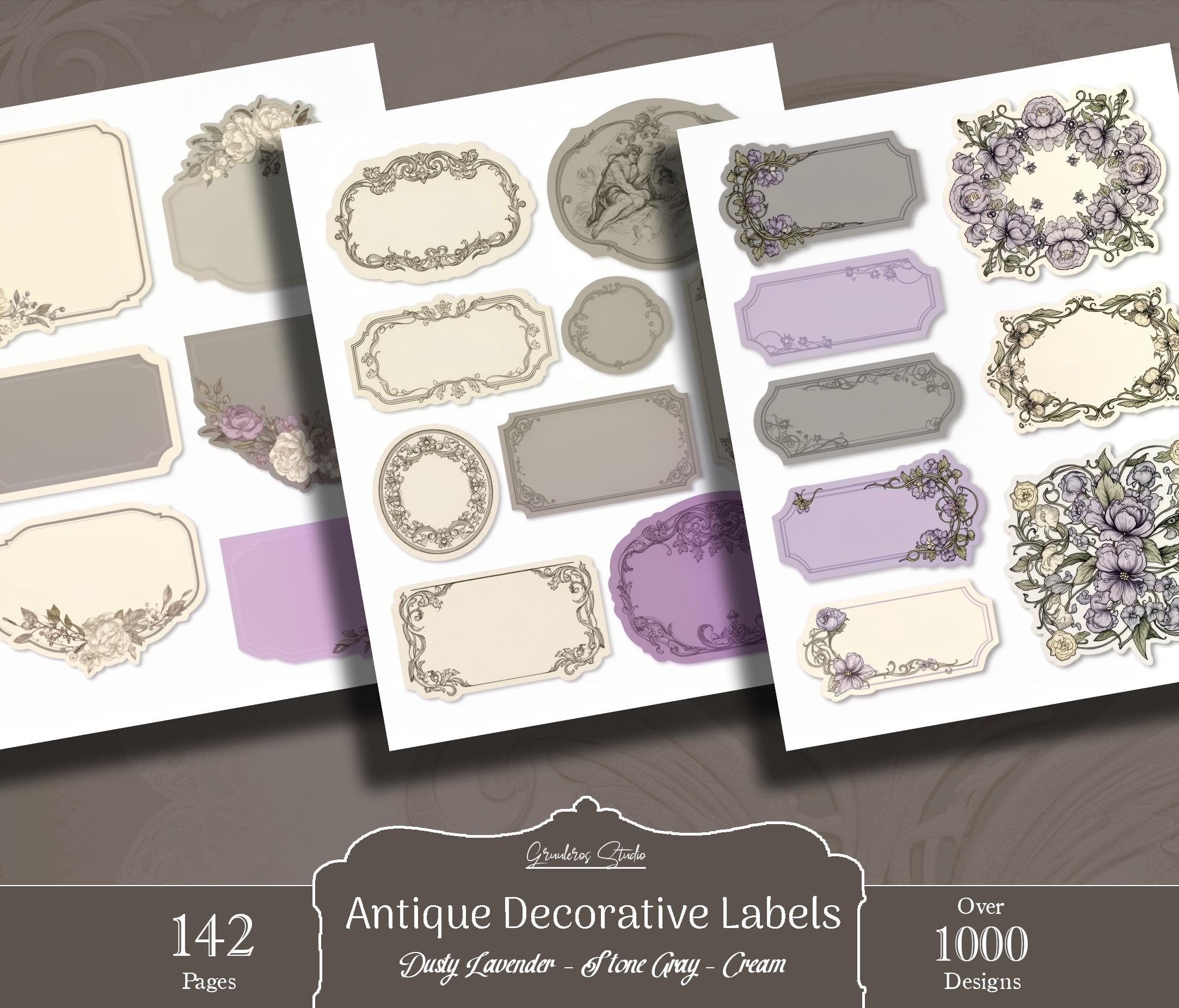 Antique Decorative Labels Junk Journal | Lavender Gray Cream Vintage ...