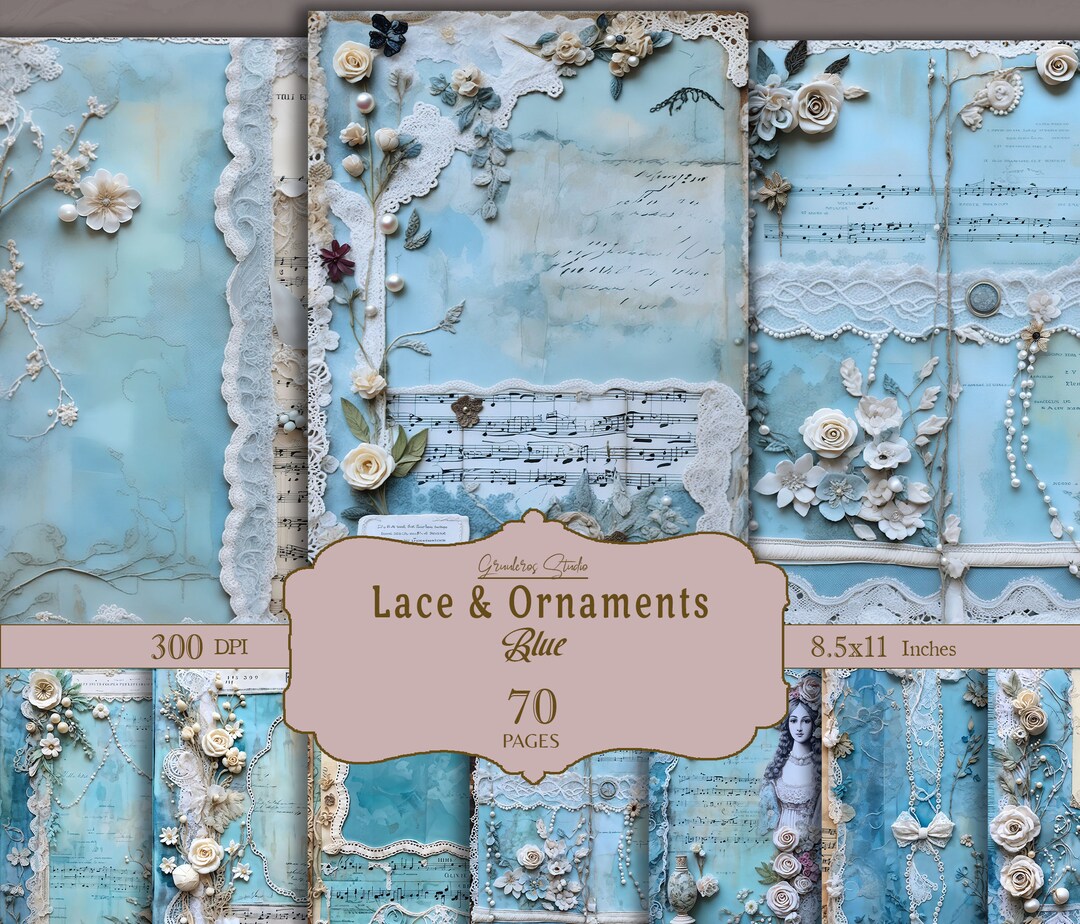 Blue Lace Journal Pages, Digital Paper for Scrapbook and Junk Journal ...
