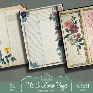 Lined Floral Journal Pages, Junk Journal, Basic Papers, Printable ...