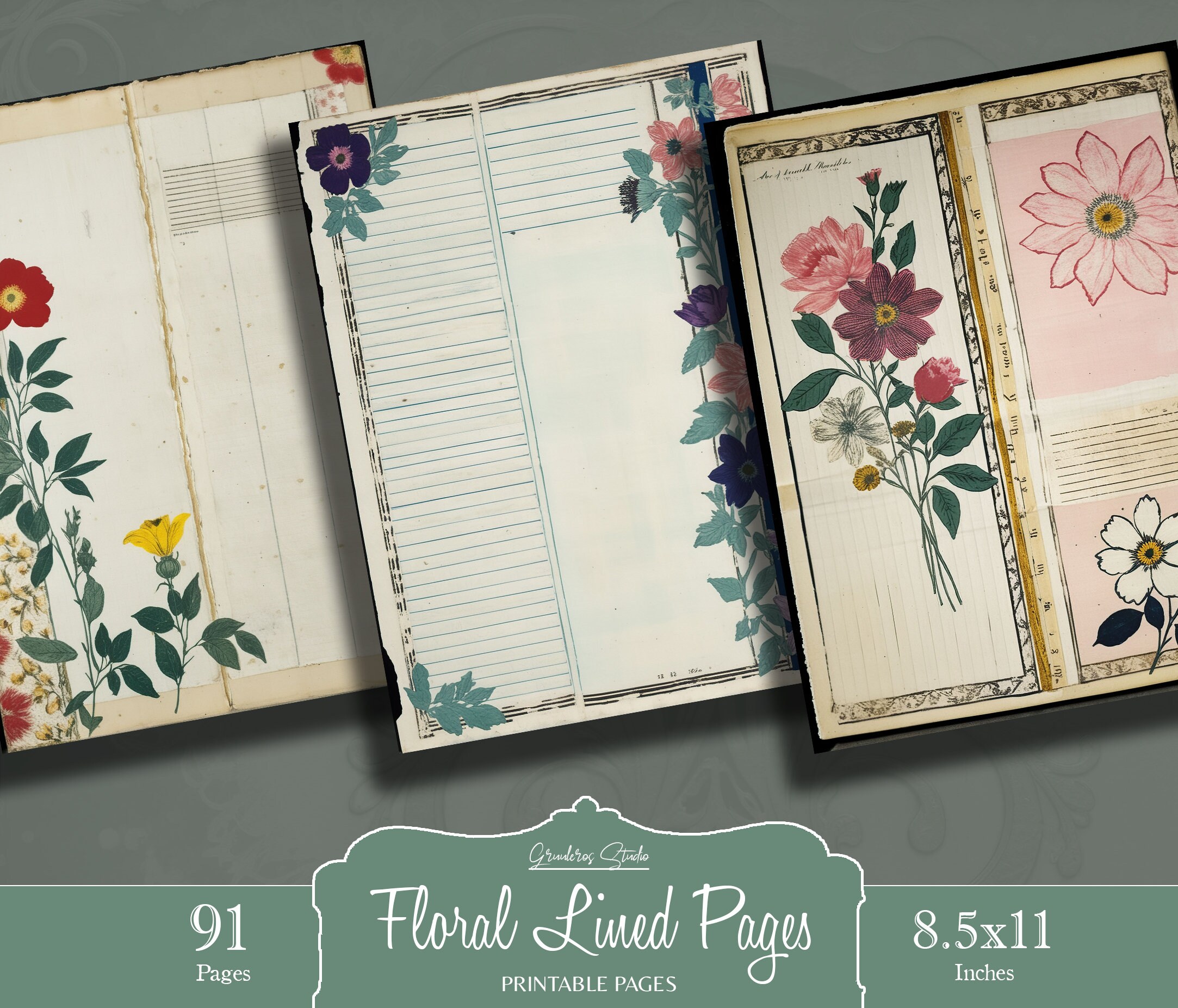 Lined Floral Journal Pages, Junk Journal, Basic Papers, Printable ...