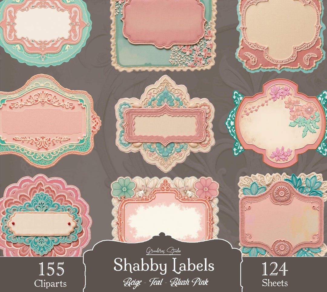 Shabby Chic Label Clipart: Teal, Beige, Pink Ephemera (PNG & PDF) - Etsy