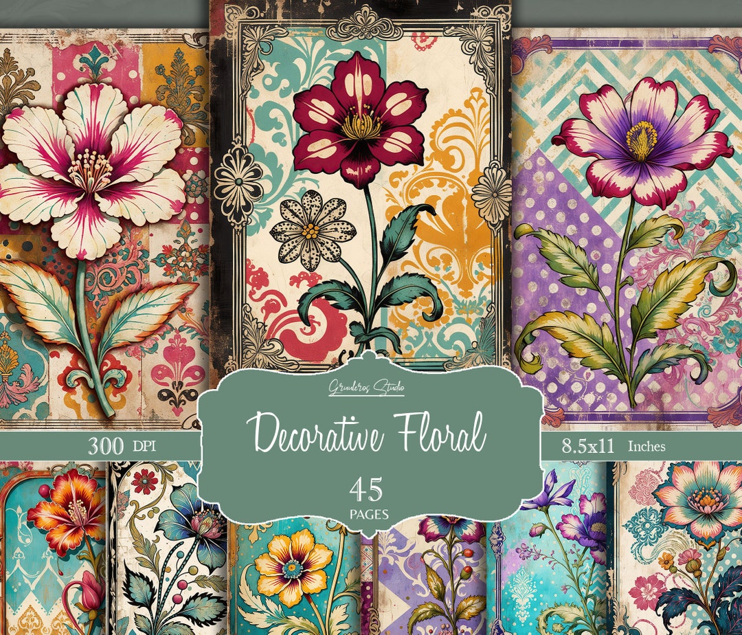 Decorative Flowers, Journal Pages, Art Nouveau Florals Digital Paper ...