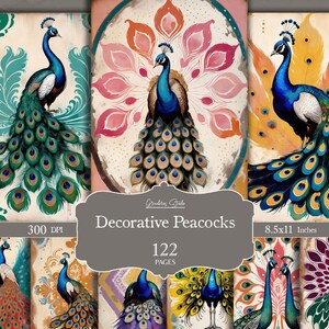 Vintage Peacock Journal Pages Printable Kit, Digital Scrapbook, Damask ...