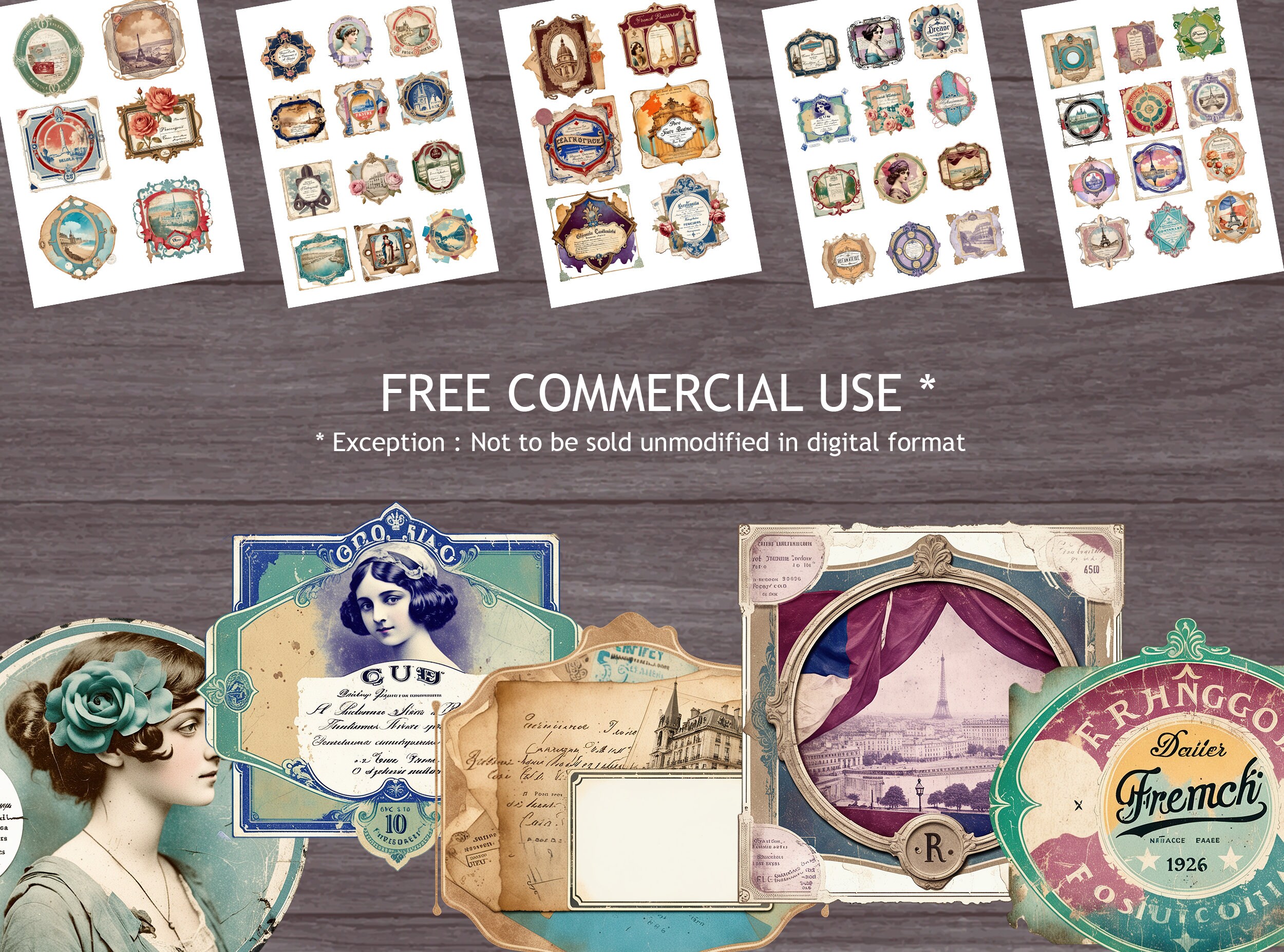 French Ephemera Labels, Digital Collage Sheet Download, Digital Paper ...