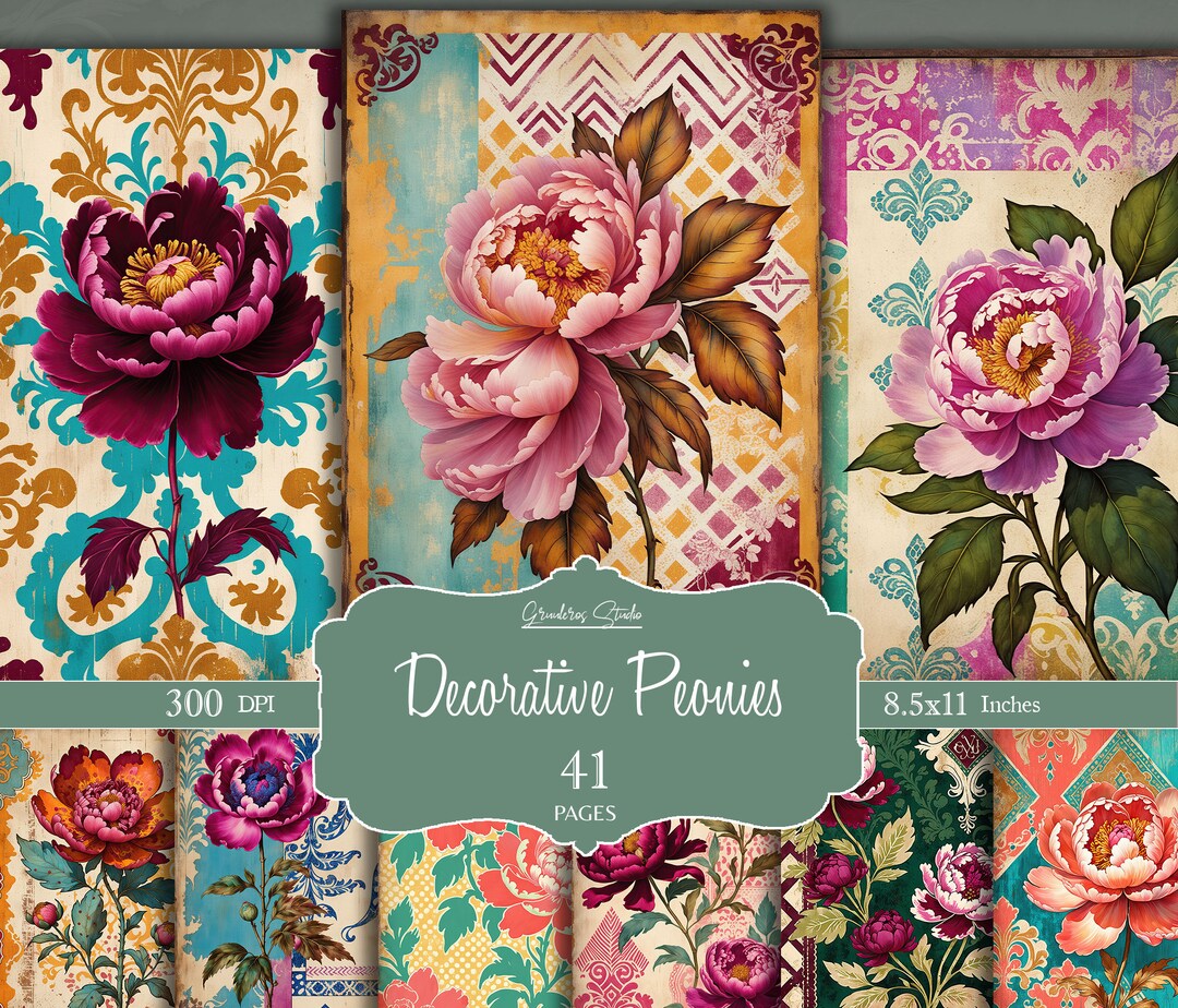 Vintage Peony Printable, Peony Paper, Grunge Floral, Journal Kit ...