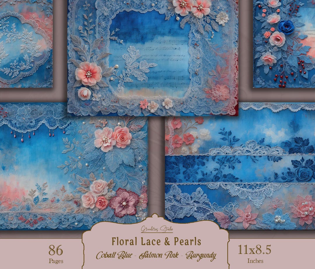 Blue Lace Floral Digital Paper: Shabby Chic Scrapbook Pages (digital ...