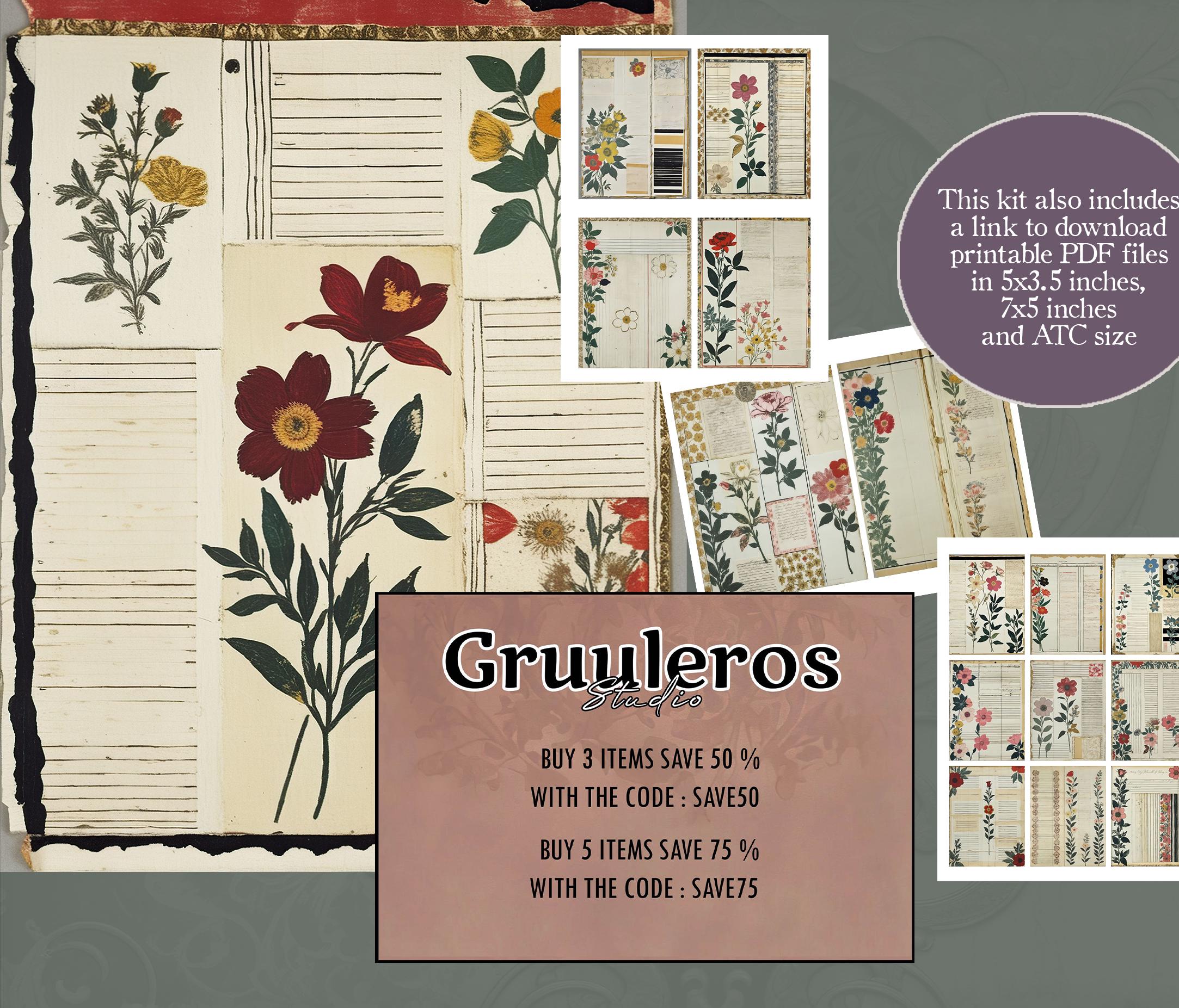 Lined Floral Journal Pages, Junk Journal, Basic Papers, Printable ...