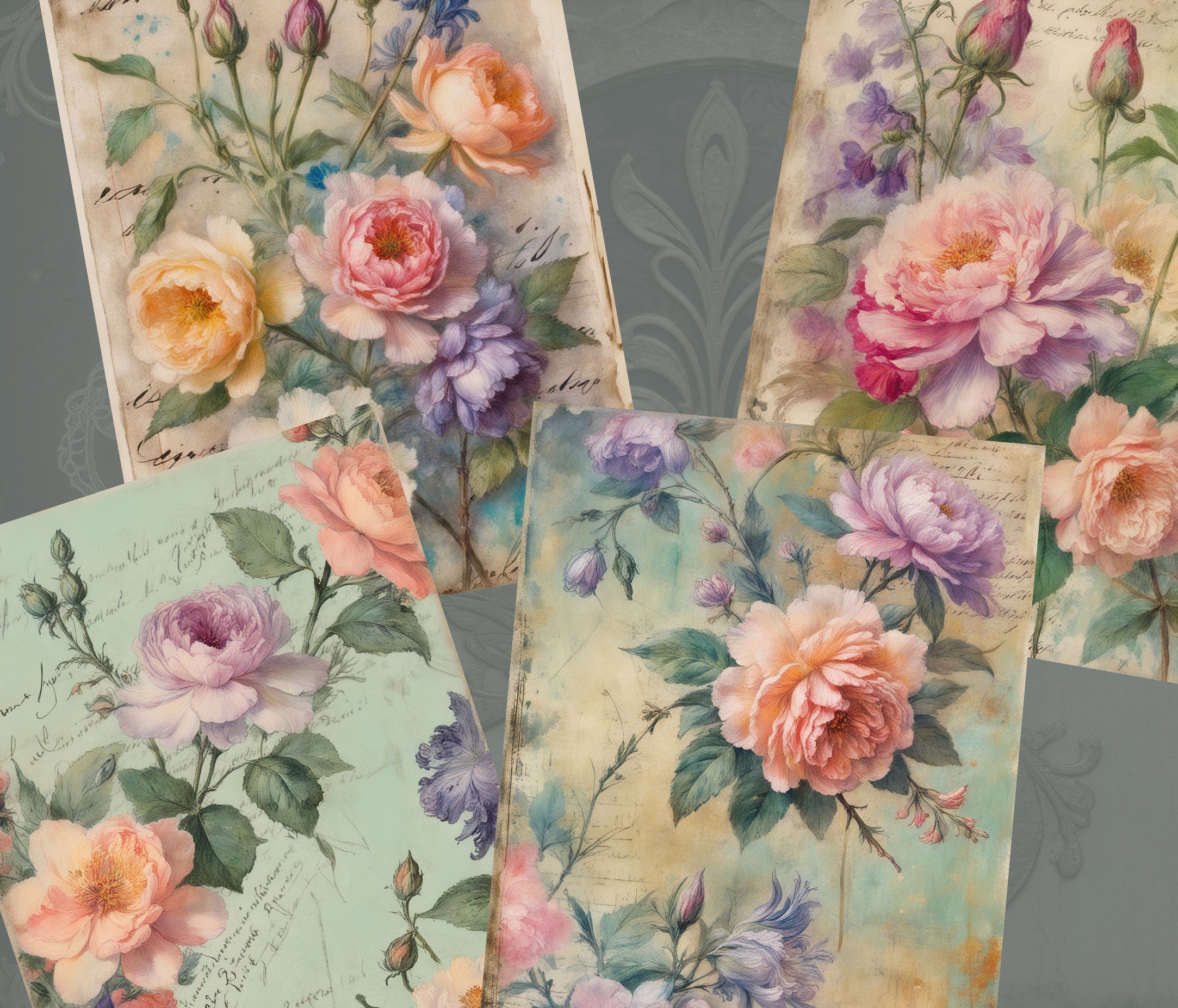 Floral Digital Paper for Scrapbook Collage Sheet Shabby Chic ...