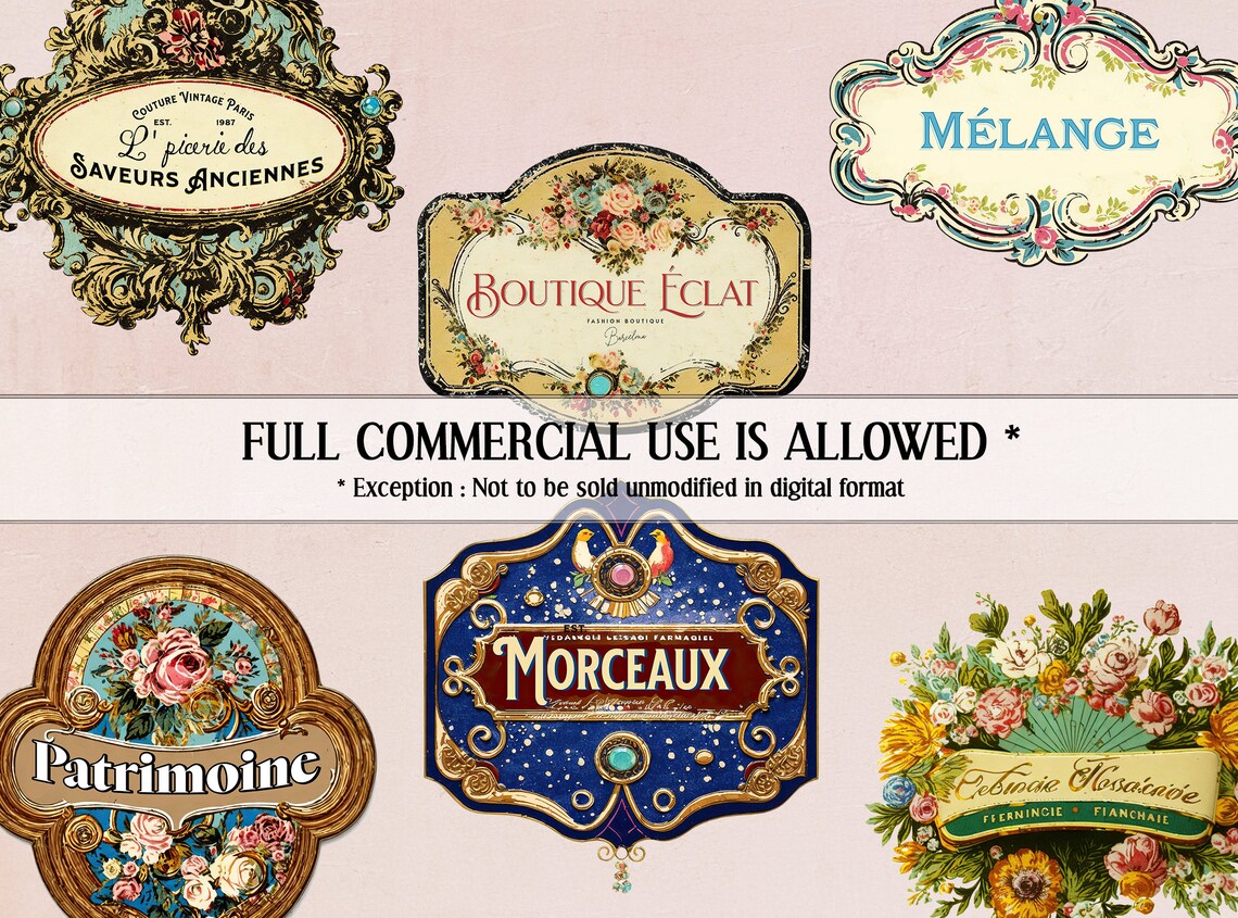 Vintage French Labels Clipart, Printable, Transparent Background ...