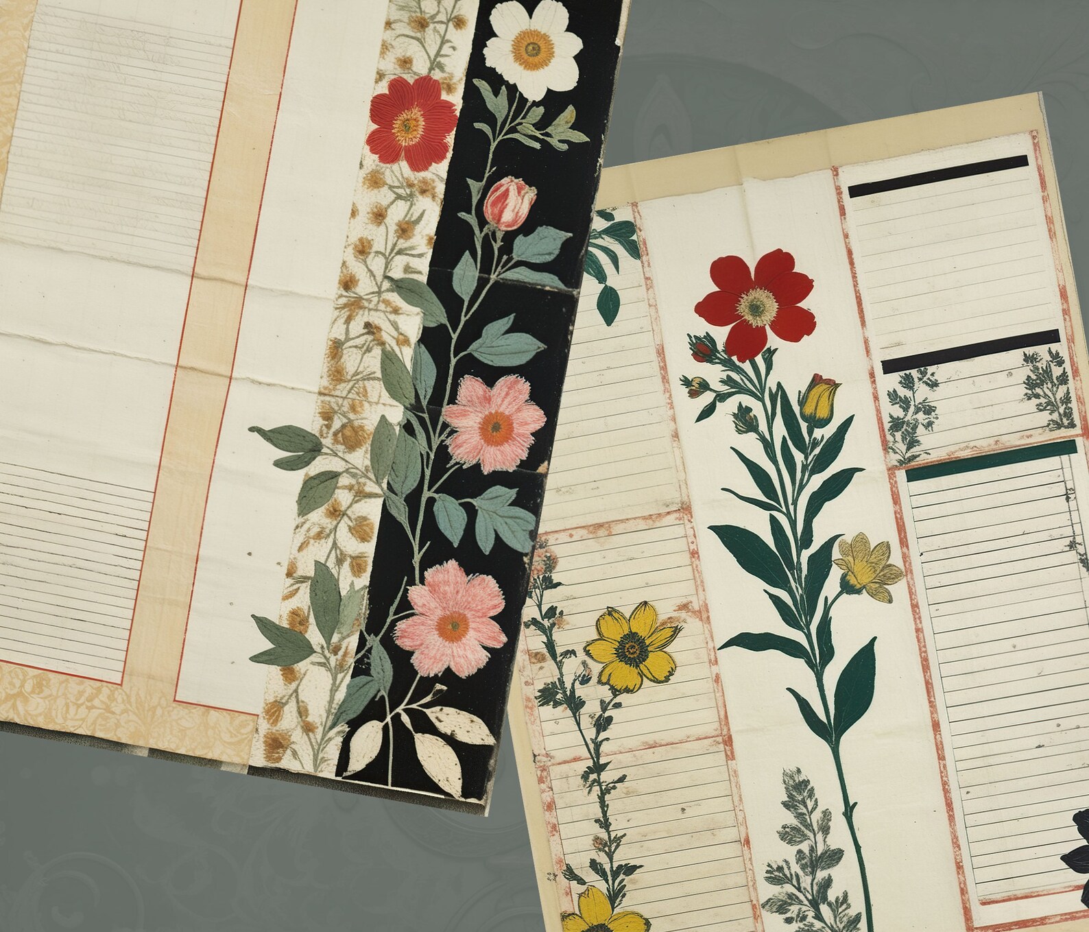 Lined Floral Journal Pages, Junk Journal, Basic Papers, Printable ...