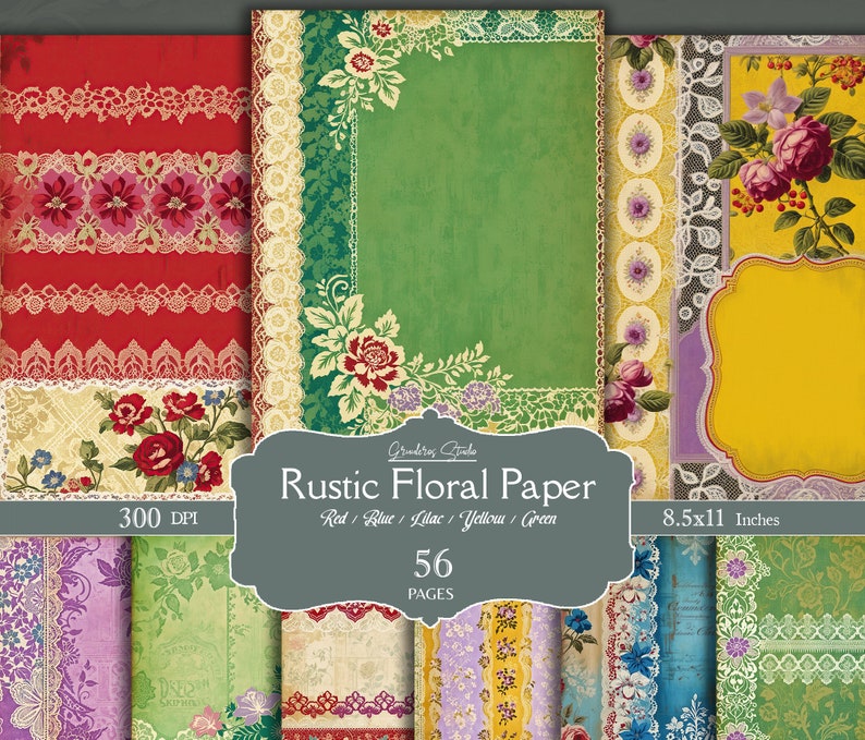 Digital Paper, Shabby Chic Floral Scrapbook Digital Paper Pack, Red ...