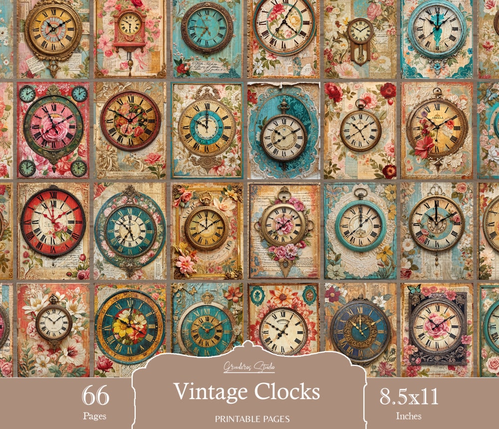 Vintage Clocks, Junk Journal Paper, Floral Clocks Paper, Vintage ...