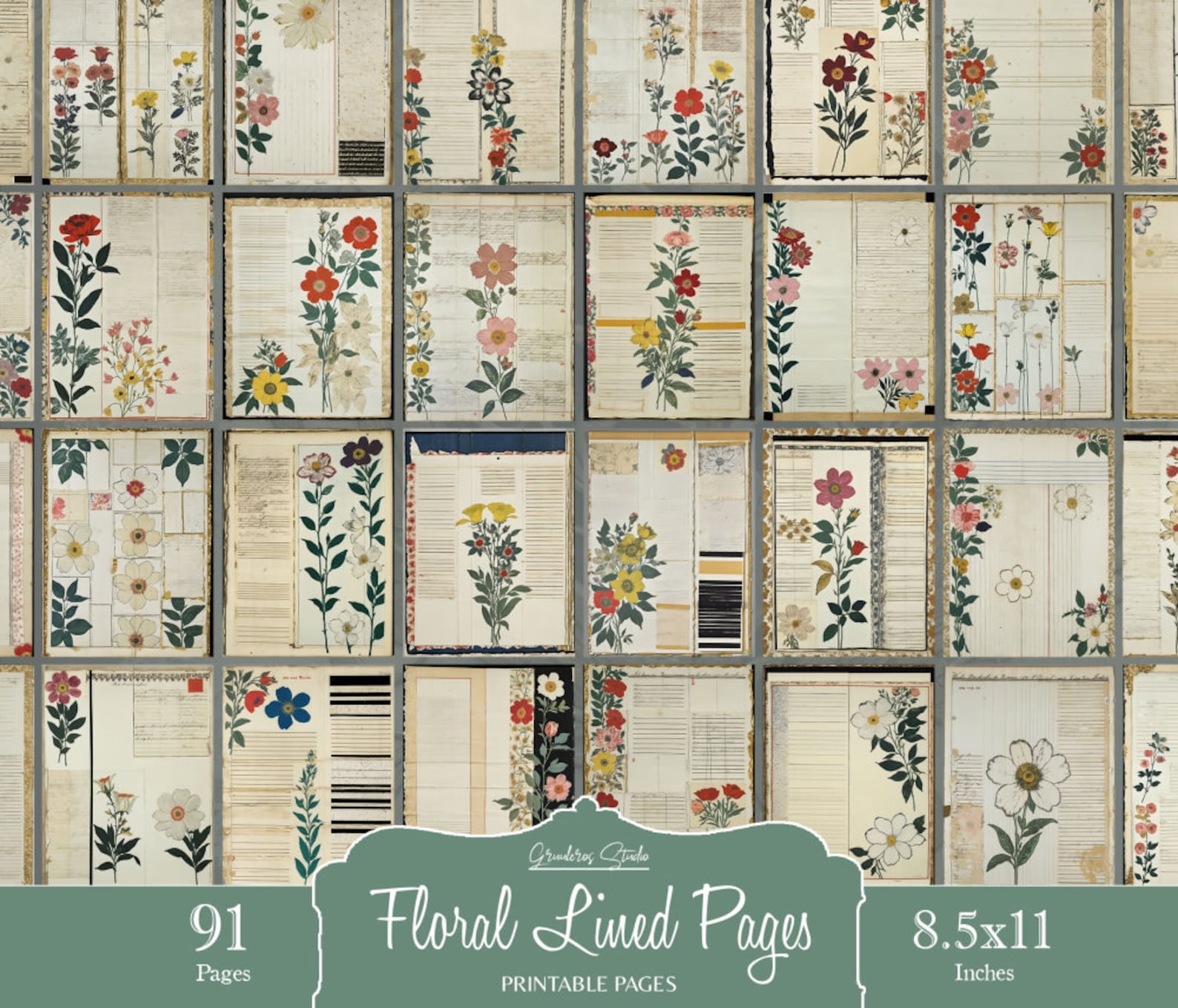 Lined Floral Journal Pages, Junk Journal, Basic Papers, Printable ...