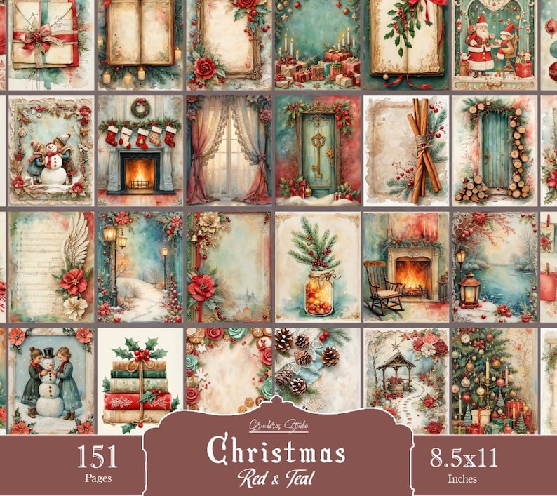 Christmas Junk Journal Kit, Printable Pages, Scrapbook Paper, Vintage ...