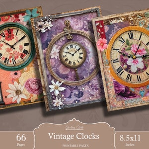 Vintage Clocks, Junk Journal Paper, Floral Clocks Paper, Vintage ...