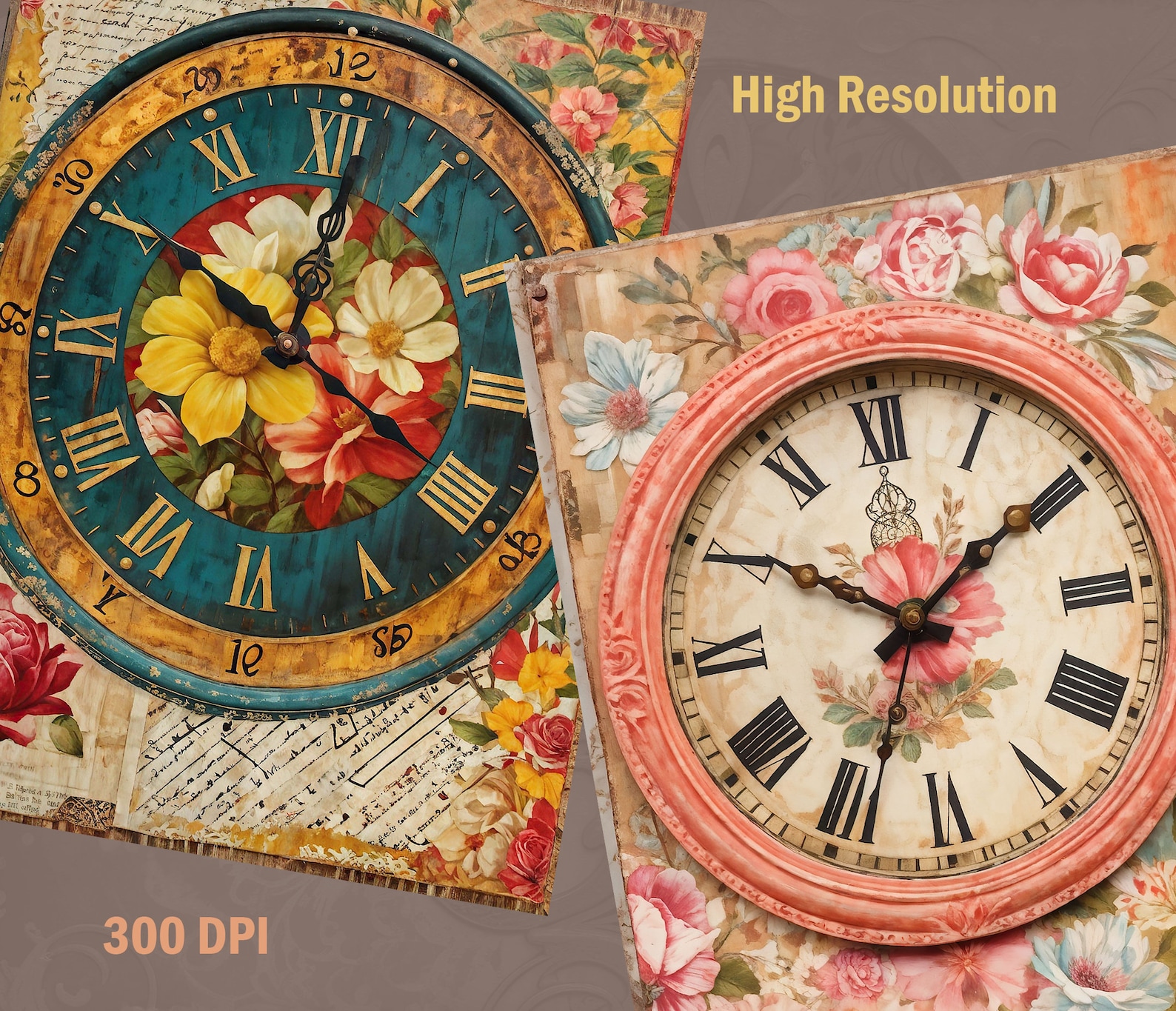 Vintage Clocks, Junk Journal Paper, Floral Clocks Paper, Vintage ...