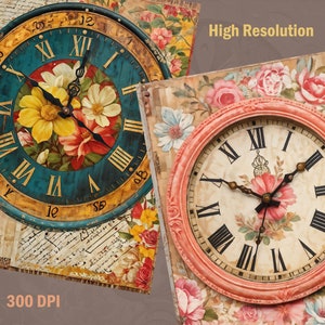 Vintage Clocks, Junk Journal Paper, Floral Clocks Paper, Vintage ...