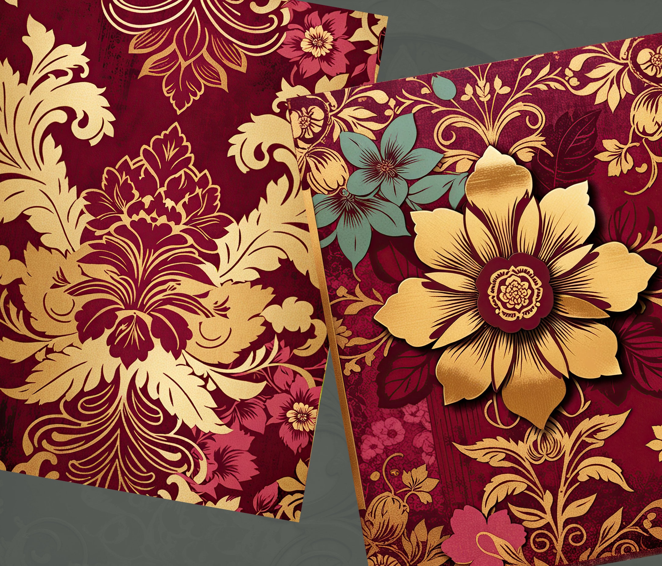 Printable Burgundy Paper, Scrapbook Pages, Embellishments, Damask ...
