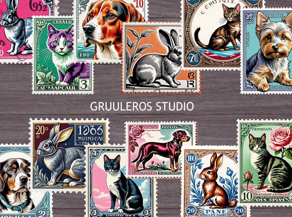 Faux Postage Stamps, Animal Postal Printable, Dogs, Cats, Fussy Cuts ...