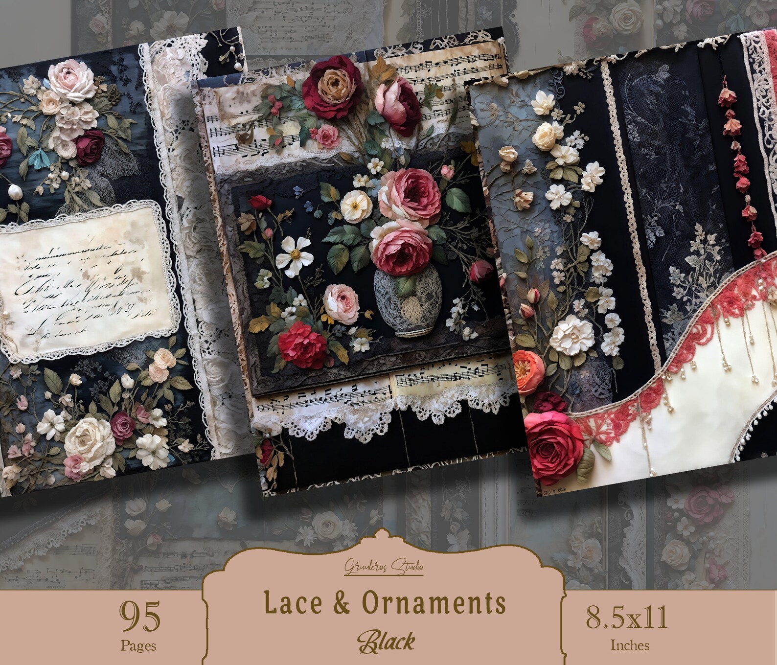 Lace Junk Journal, Printable, Black Lace Images, Lace Digital Journal ...