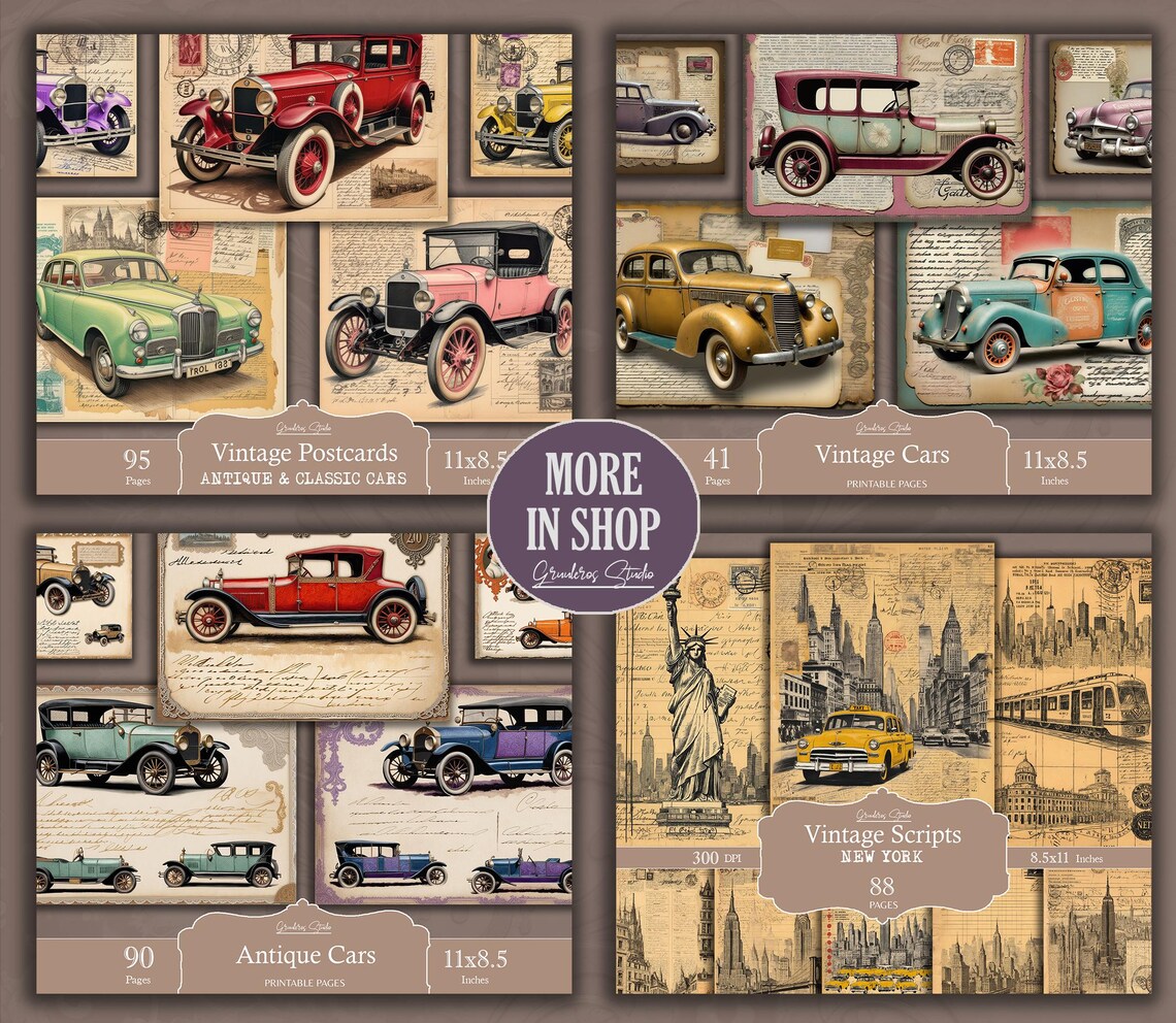 Classic Cars Journal Kit, Retro Cars, Vintage Cars Junk Journal ...