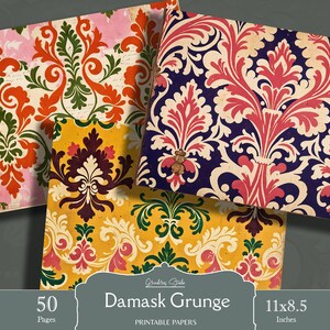 Printable Damask Paper, Vibrant, Grunge, Digital Paper, Damask Pages ...