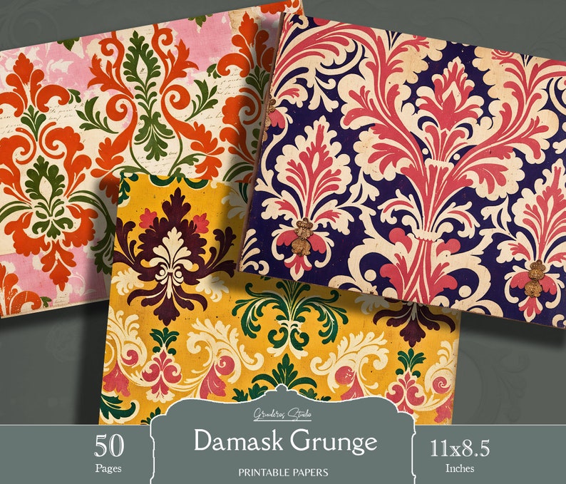 Printable Damask Paper, Vibrant, Grunge, Digital Paper, Damask Pages ...